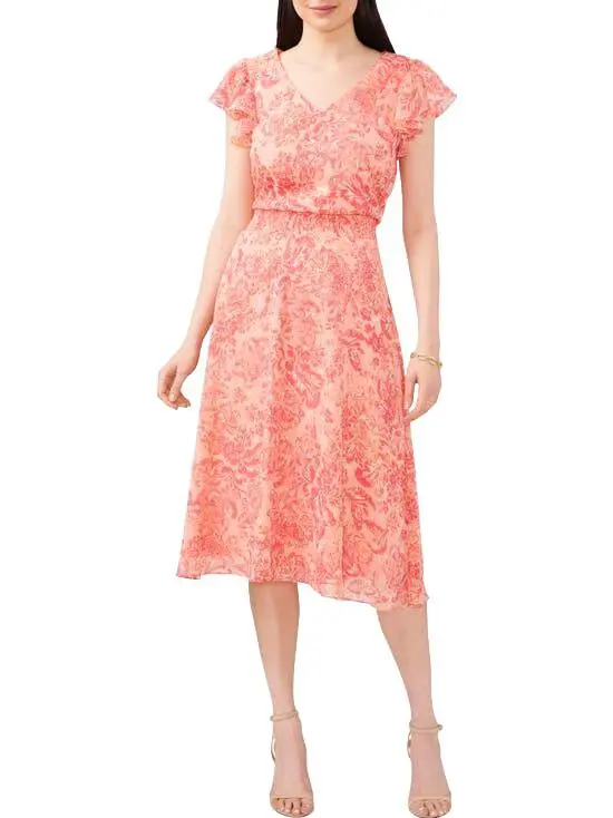 Chaus Floral Metallic Smocked Waist Midi Dress - Peach/rose/yellow