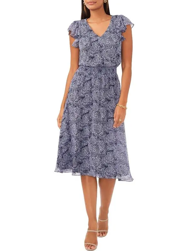 Chaus Paisley Smocked Waist Midi Dress - Navy/white