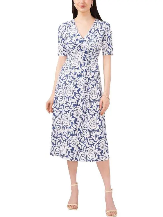 Chaus Floral Faux Wrap Midi Dress - Denim/white