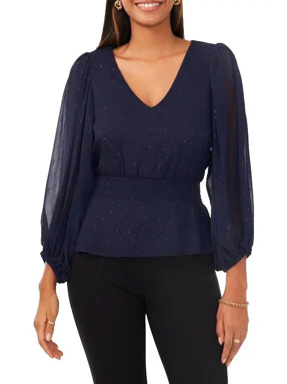 Chaus Smock Waist Peplum Metallic Clip Dot Blouse - Navy