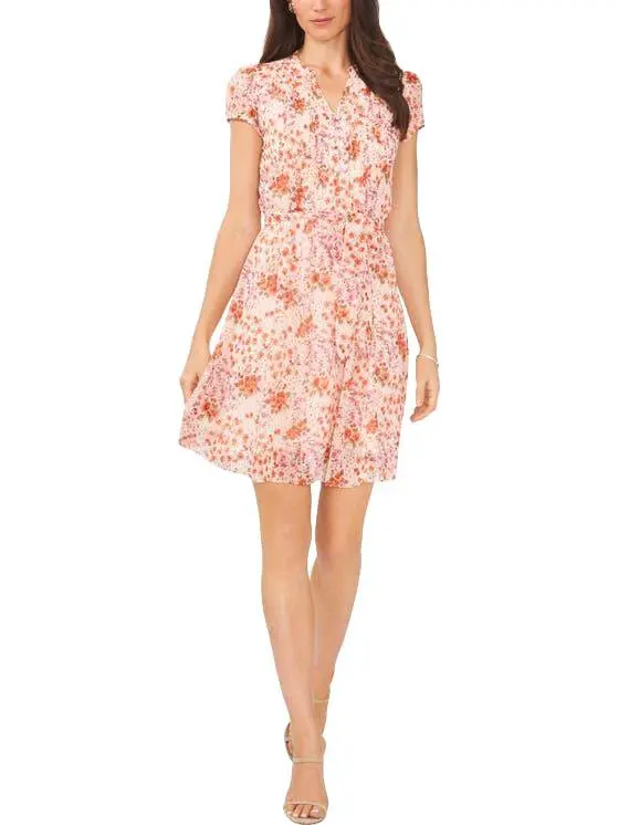Chaus Floral Pleat Dress - Cream/rust/pink