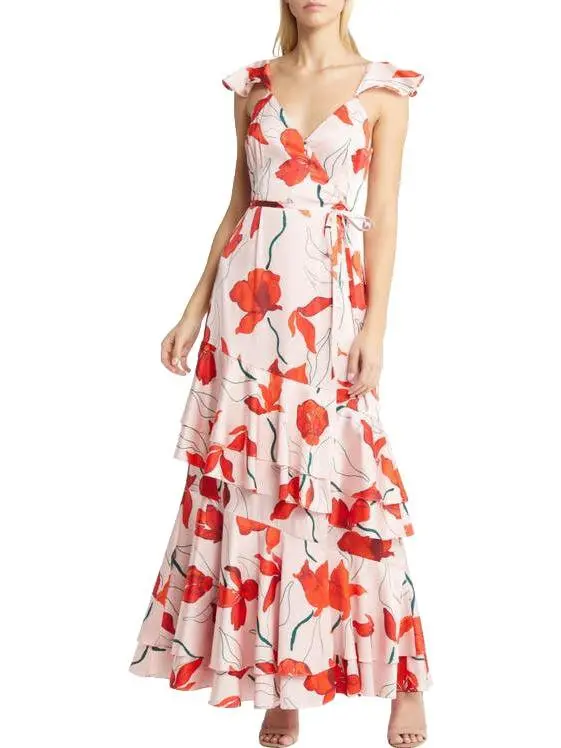 HUTCH Senna Floral Tiered Wrap Maxi Dress - Blush Red Poppies Satin