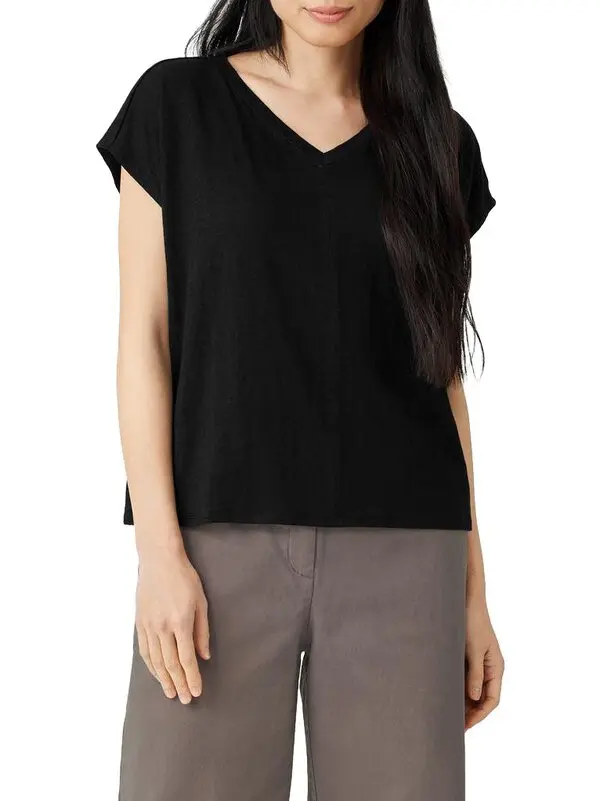 Eileen Fisher V-neck Organic Linen T-shirt - Black