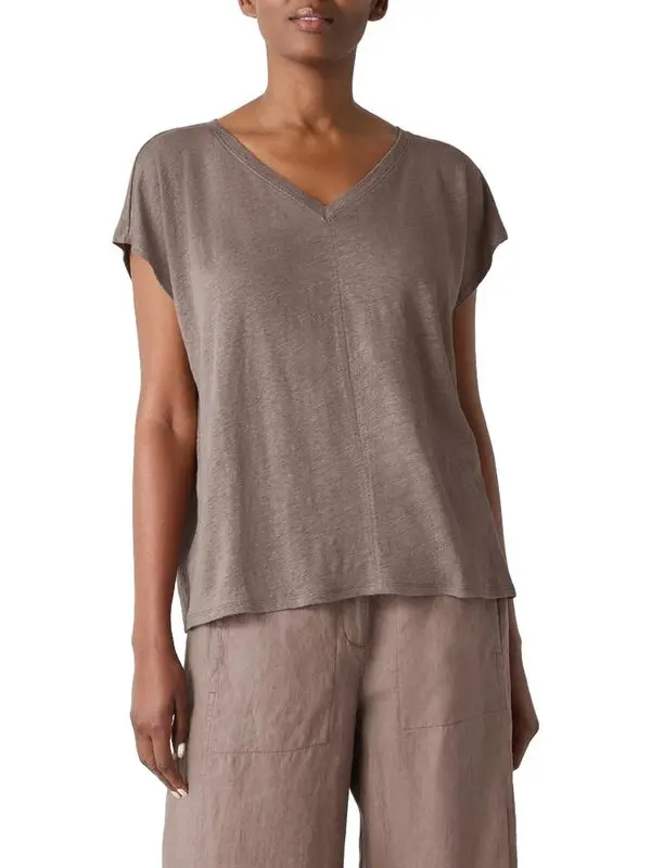 Eileen Fisher V-neck Organic Linen T-shirt - Cocoa