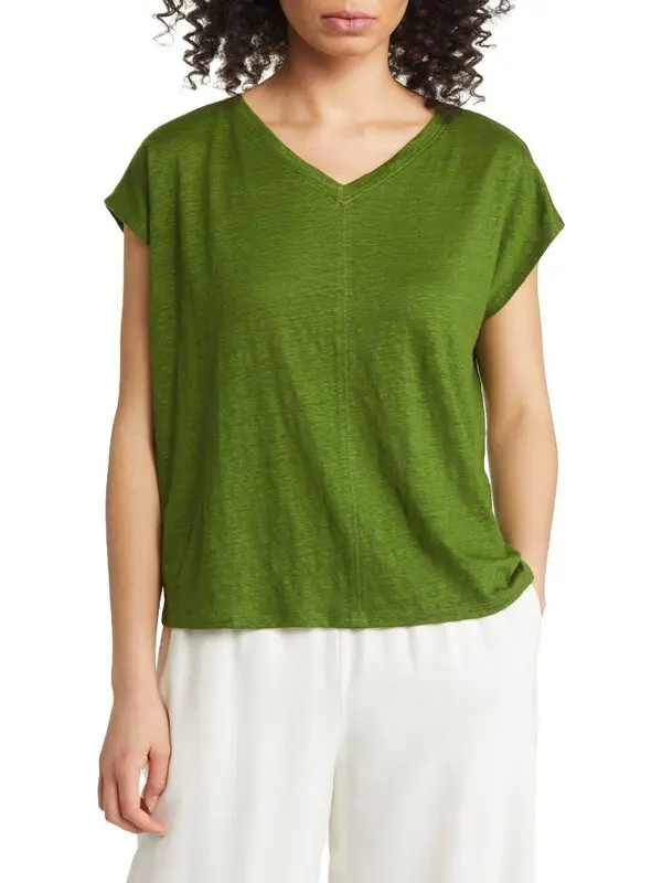 Eileen Fisher V-neck Organic Linen T-shirt - Field