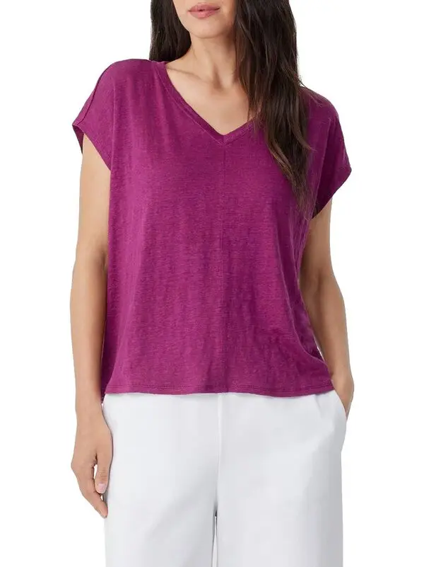 Eileen Fisher V-neck Organic Linen T-shirt - Raspberry