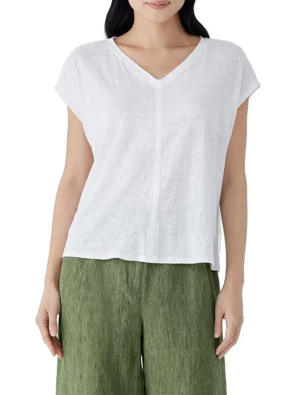 Eileen Fisher V-neck Organic Linen T-shirt - White