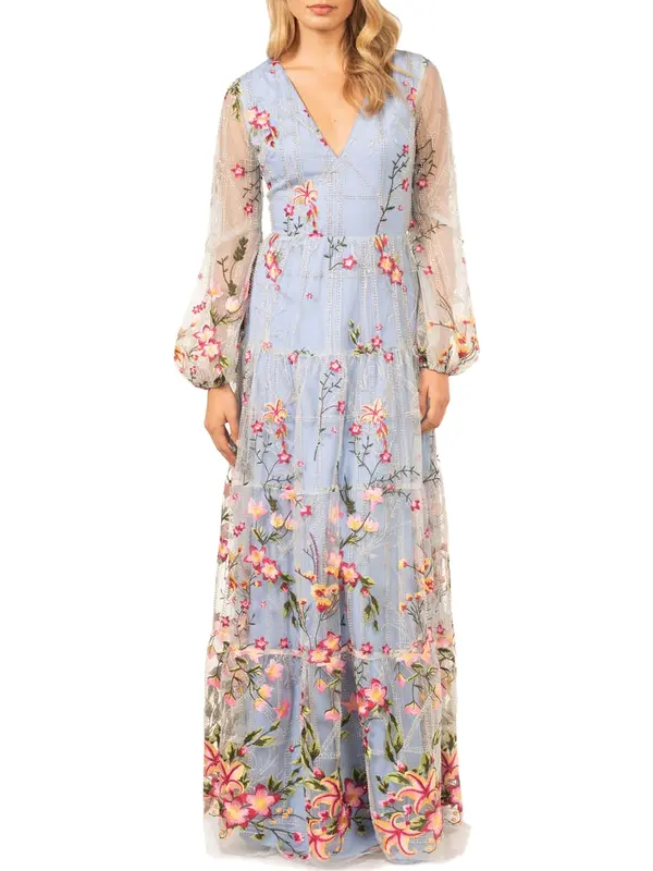 Dress The Population Lyra Floral Embroidery Long Sleeve Tulle Gown - Sky Multi
