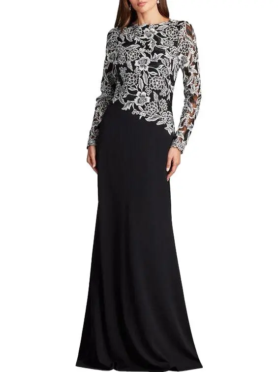 Tadashi Shoji Sequin Lace Long Sleeve Crepe Gown - Ivory/black