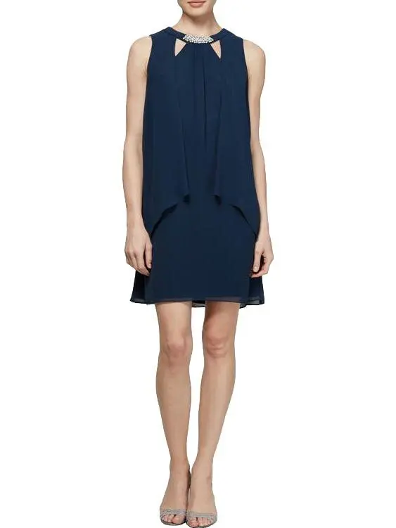 SL FASHIONS Chiffon Cutout Pearl Accent Dress - Navy