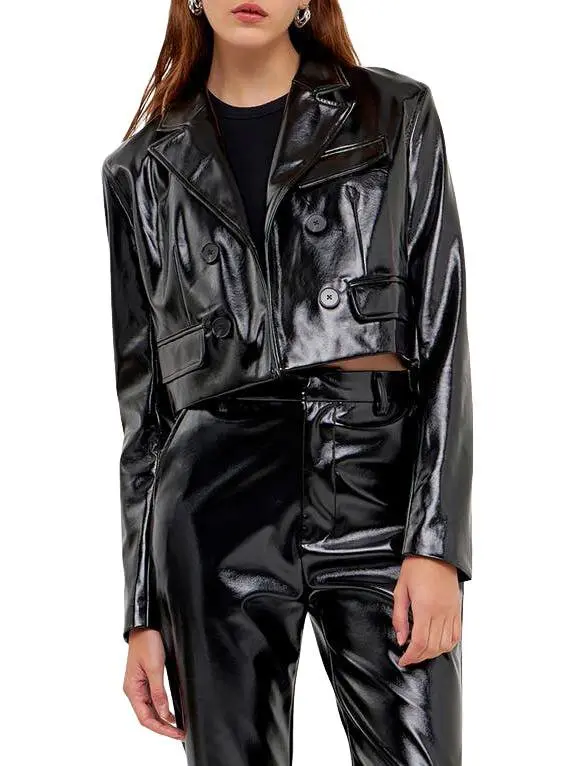 GREY LAB Shiny Faux Leather Crop Blazer - Black