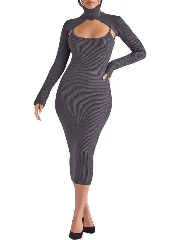 House Of Cb Meliora Ribbed Body-con Dress With Bolero - Charcoal
