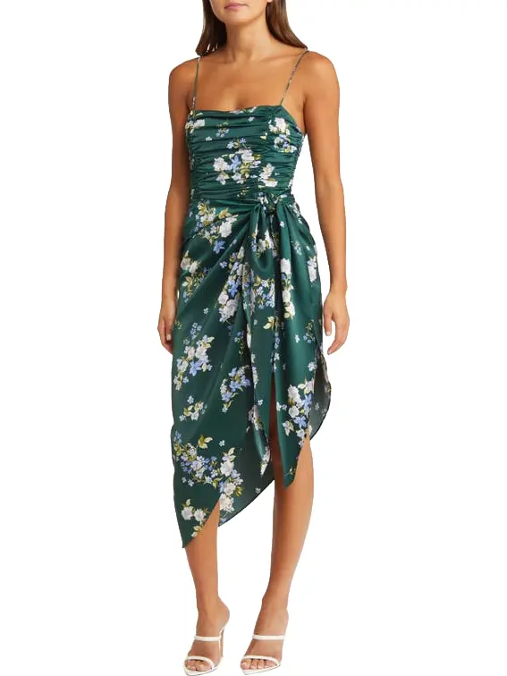 WAYF Ruched Bodice Satin Midi Dress - Hunter Bouquet