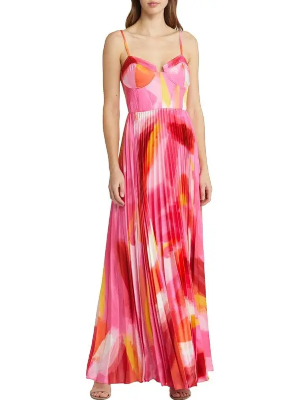 HUTCH Mali Bustier Pleated Satin Gown - Pink Brushstroke Satin