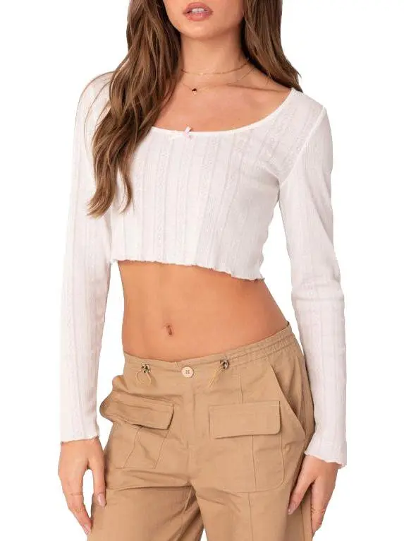 EDIKTED Pointelle Knit Crop Top - White