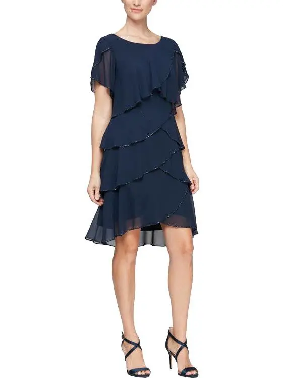 SL FASHIONS Beaded Tiered Chiffon Sheath Dress - New Navy