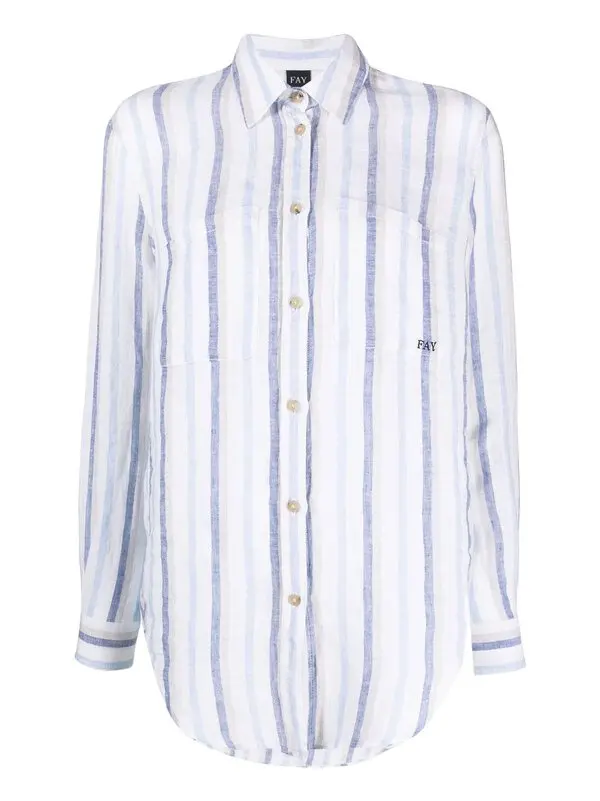 FAY Vertical-stripe Print Linen Shirt - White