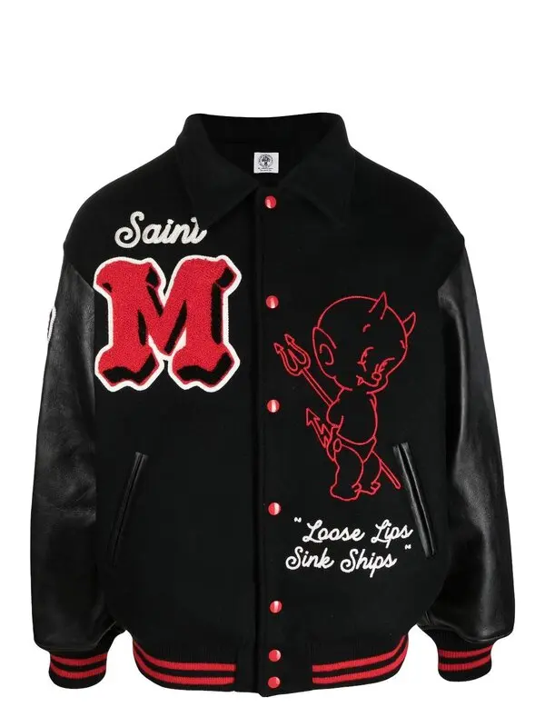SAINT MXXXXXX Slogan Print Varsity Jacket - Black