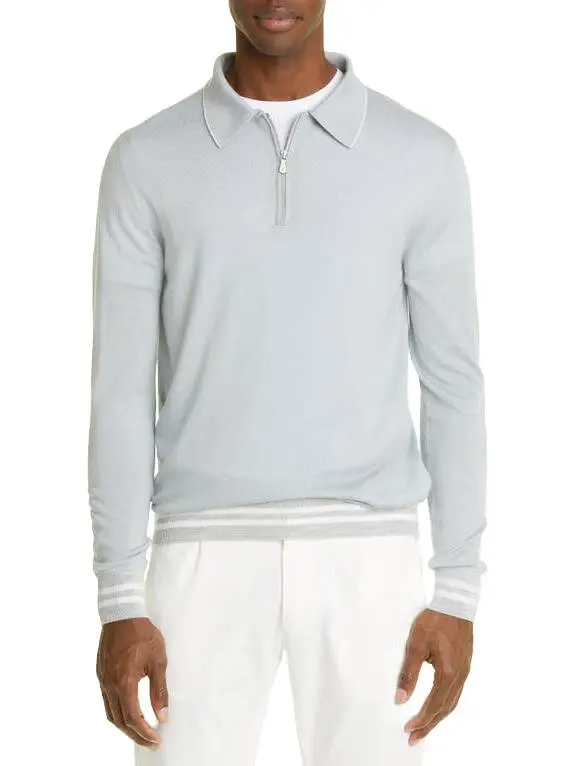 Eleventy Tipped Long Sleeve Merino Wool & Silk Zip Polo Sweater - Denim - Gray - White