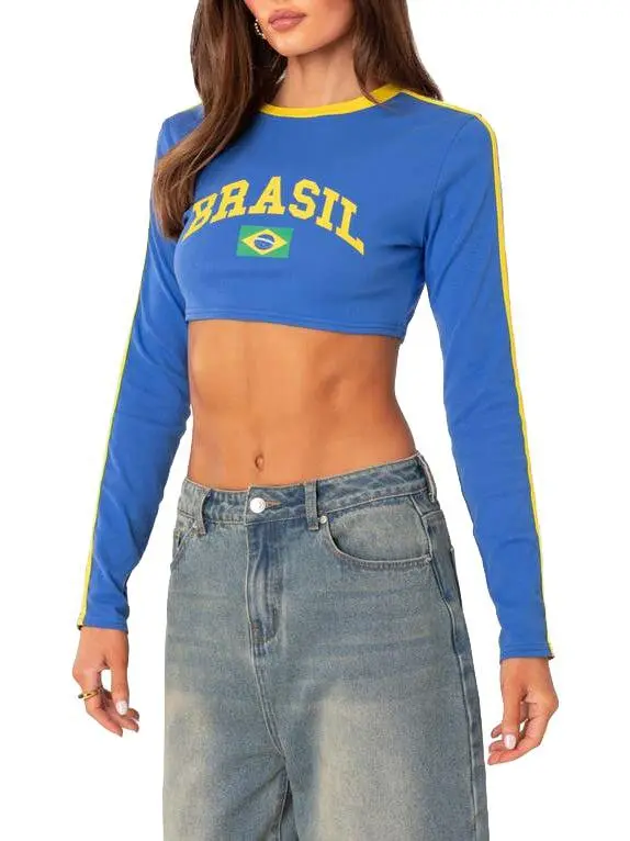 EDIKTED Brasil Long Sleeve Crop Top - Blue