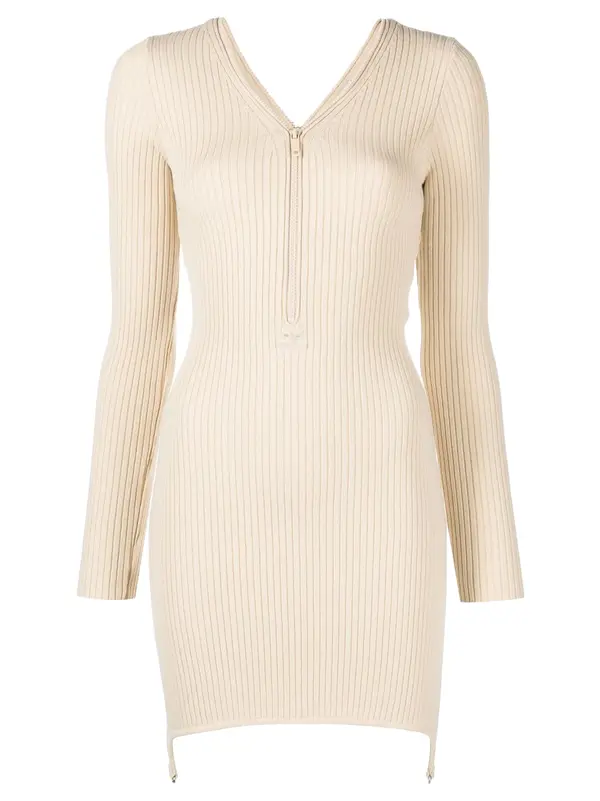 COURREGES Ribbed-knit Zip-up Dress - Neutrals