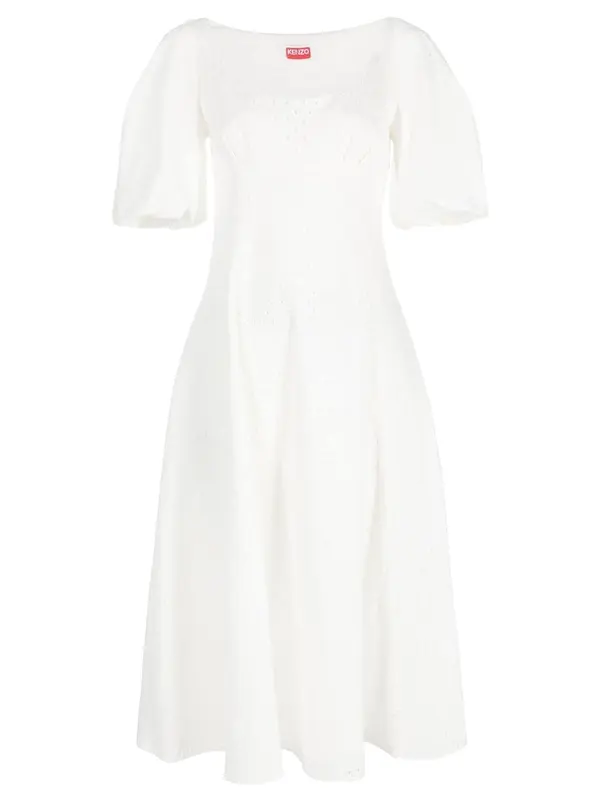 Kenzo Embroidered Puff-sleeve Midi Dress - White