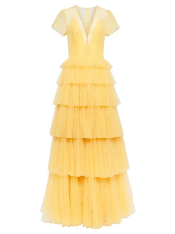 Costarellos Ruffled Tulle Gown - Yellow