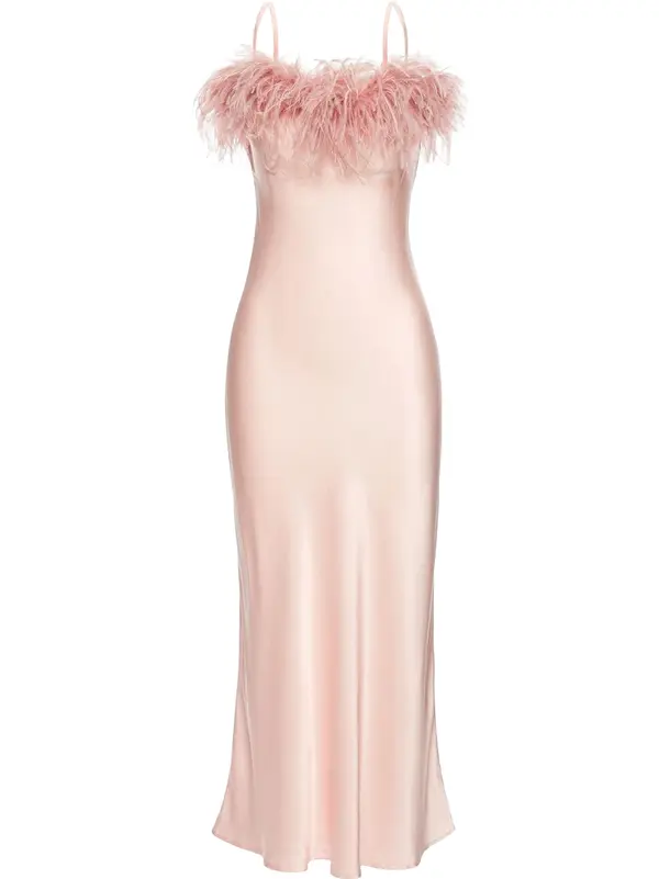 Sleeper Boheme Feather Trim Slip Dress - Pink