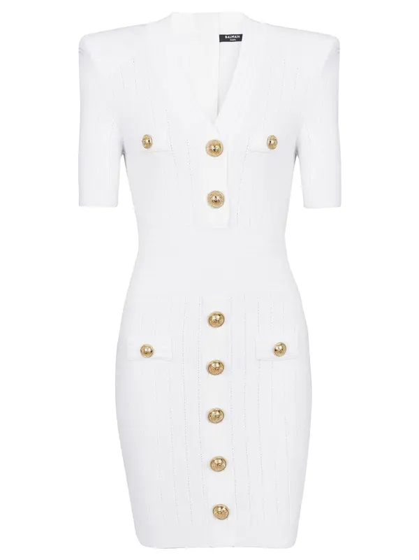 Balmain Knitted Mini Dress With Gold-tone Buttons - White