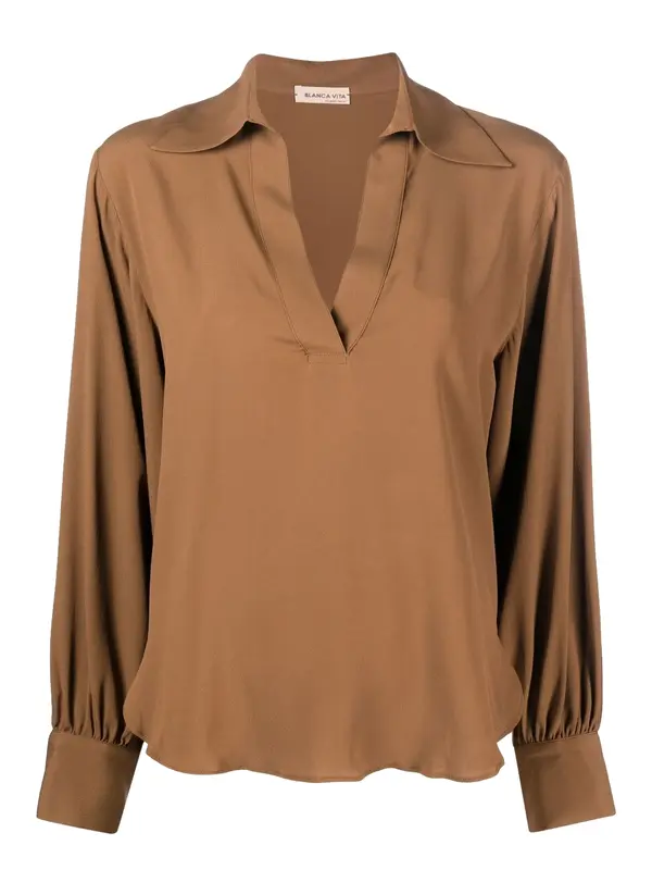 BLANCA VITA V-neck Draped Blouse - Brown