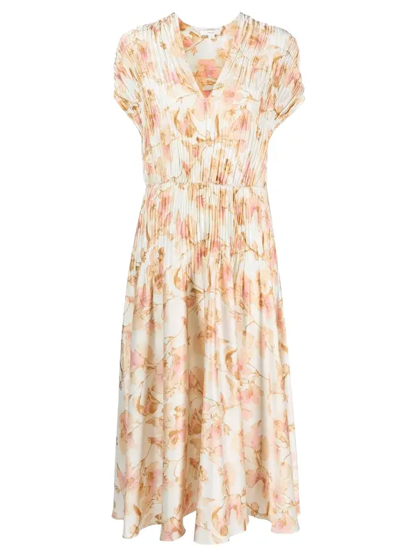 Vince Floral-print Plissé Midi Dress - Neutrals