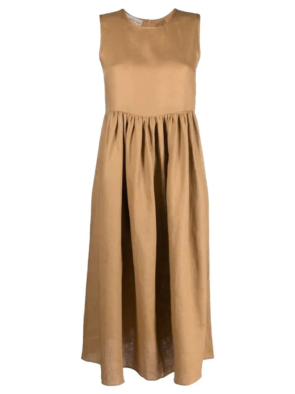 BLANCA VITA Pleated Linen Midi Dress - Brown