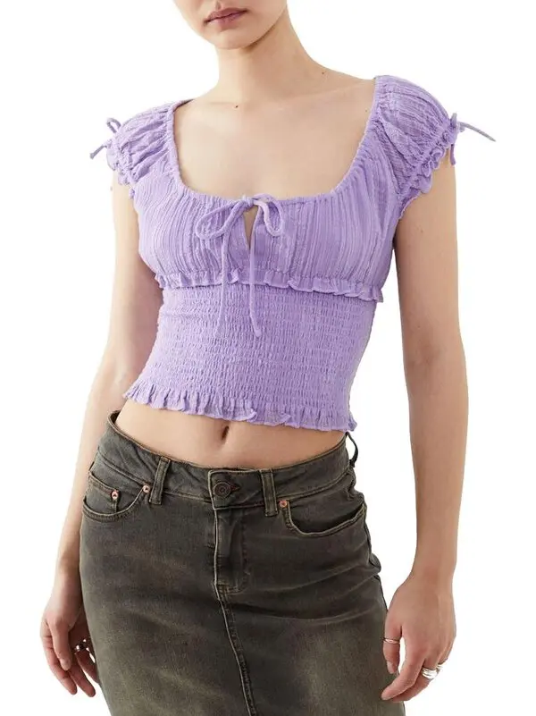 BDG URBAN OUTFITTERS Cap Sleeve Smocked Blouse With Tie Neck - Lilac