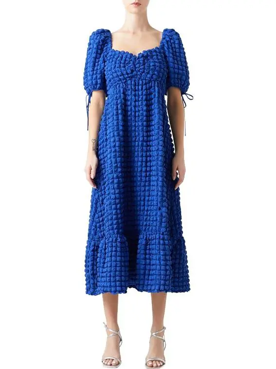 Endless Rose Texture Puff Sleeve Maxi Dress - Blue