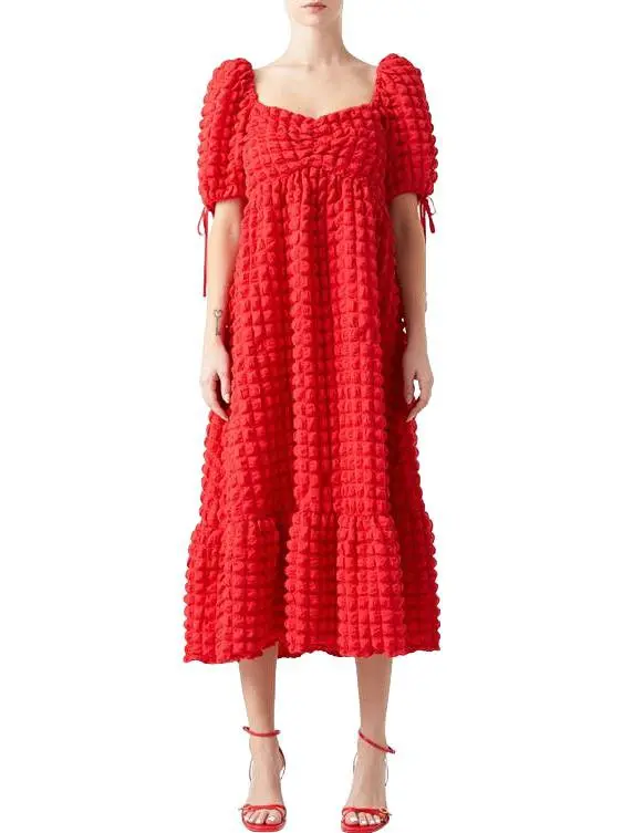Endless Rose Texture Puff Sleeve Maxi Dress - Red