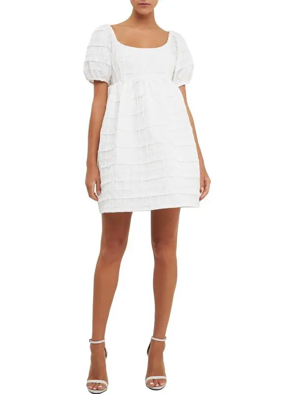 Endless Rose Texture Puff Sleeve Mini Dress - White