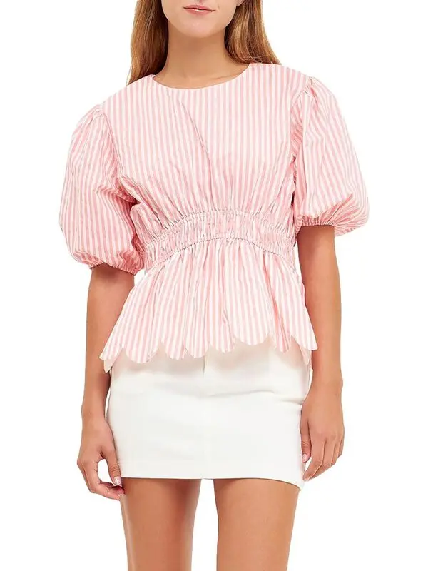 English Factory Striped Puff Sleeve Peplum Top - Pink Stripes