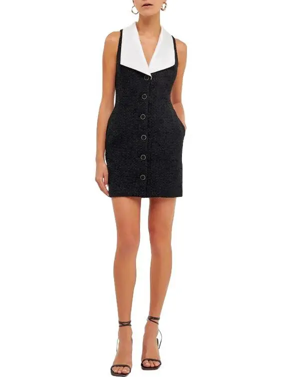Endless Rose Contrast Collar Tweed Mini Dress - Black