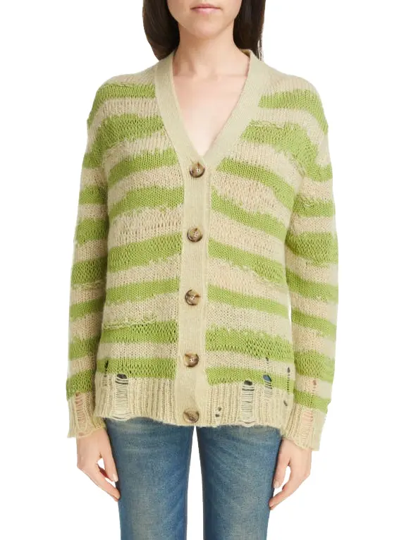 Acne Studios Koliva Distressed Stripe Cardigan - Sage Green/ Apple Green