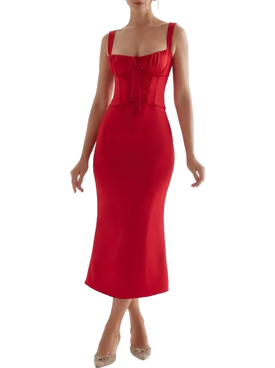 House Of Cb Valencia Duchess Satin Corset Midi Dress - Red Rose