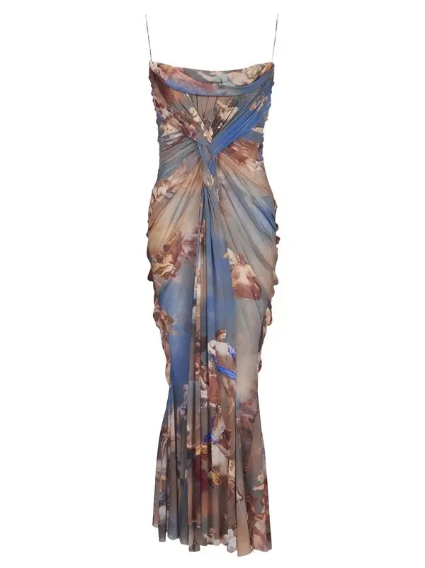 Balmain Sky-print Tulle Maxi Dress - Brown