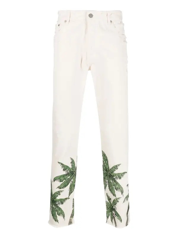 Palm Angels Palm Tree Print Straight-leg Jeans - Neutrals