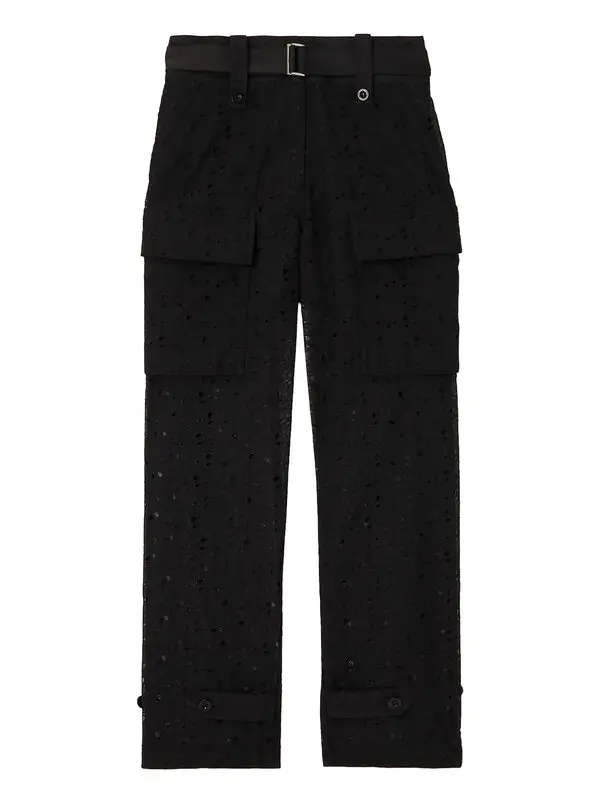 Sacai Belted Broderie Anglaise Straight-leg Pants - Black