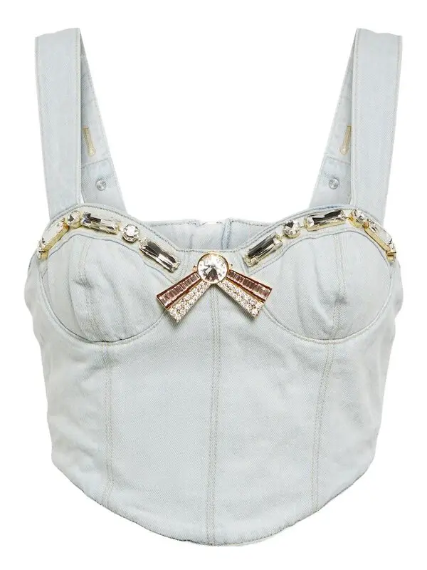 AREA Crystal-embellished Denim Crop Top - Blue