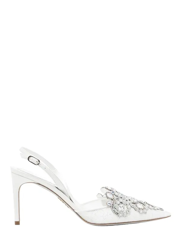 Rene Caovilla Lace Embellished Slingback Pumps - White