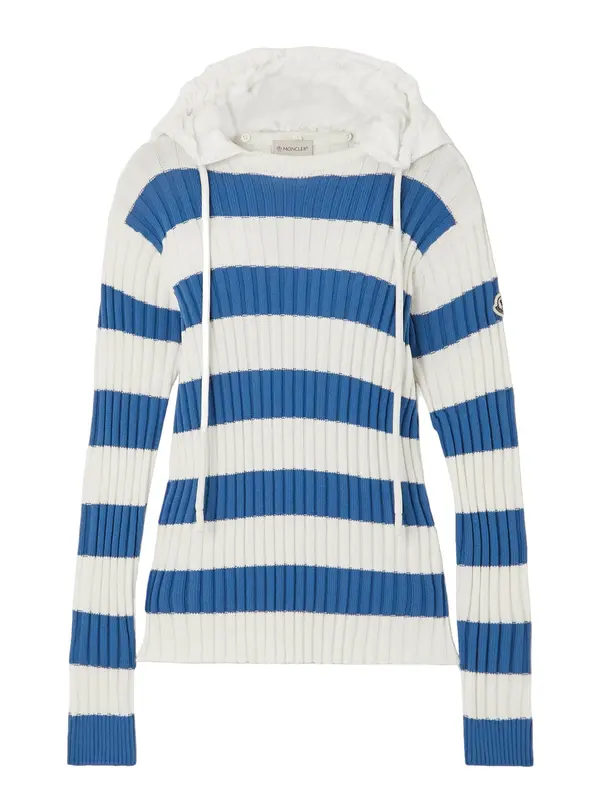 Moncler Shell-trimmed Striped Ribbed Cotton Hoodie - Blue