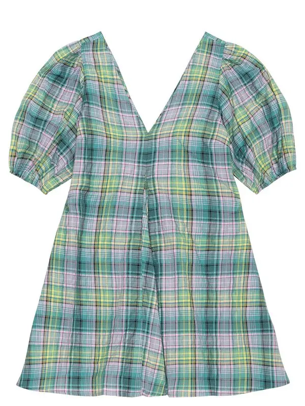 GANNI Seersucker Check V-neck Mini Dress - Green