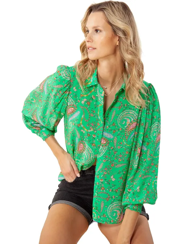 Hale Bob Shinta Silk Collared Top - Green