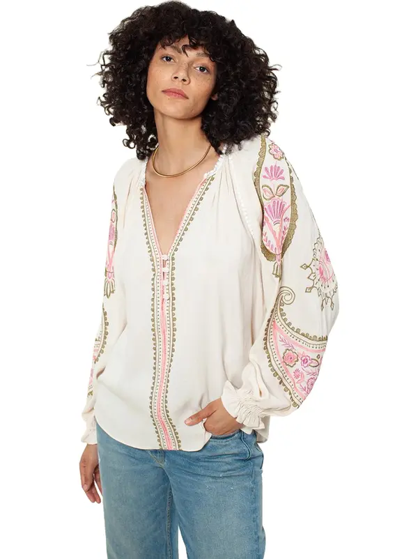 Hale Bob Elisa Embroidered Top - Neutral