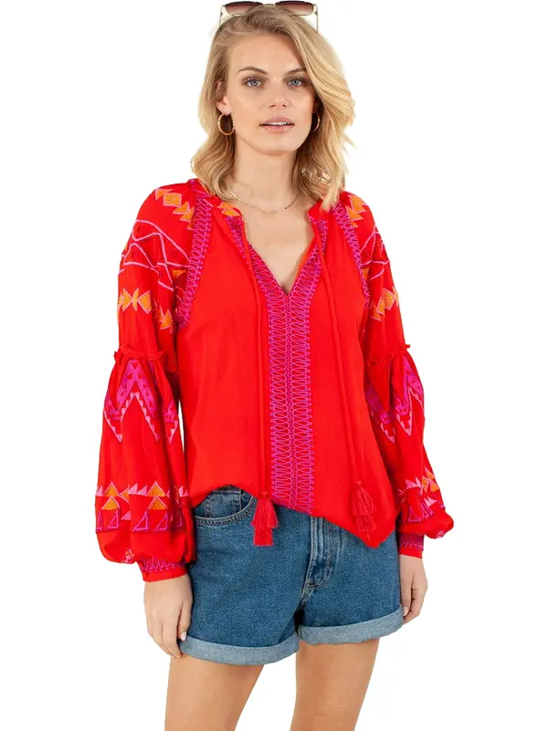 Hale Bob Terra Embroidered Top - Orange / Red